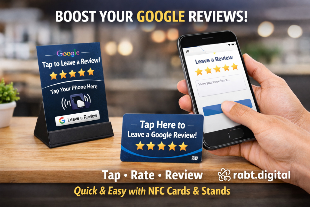 Google Review NFC Cards & Stands for 5 Star Ratings.